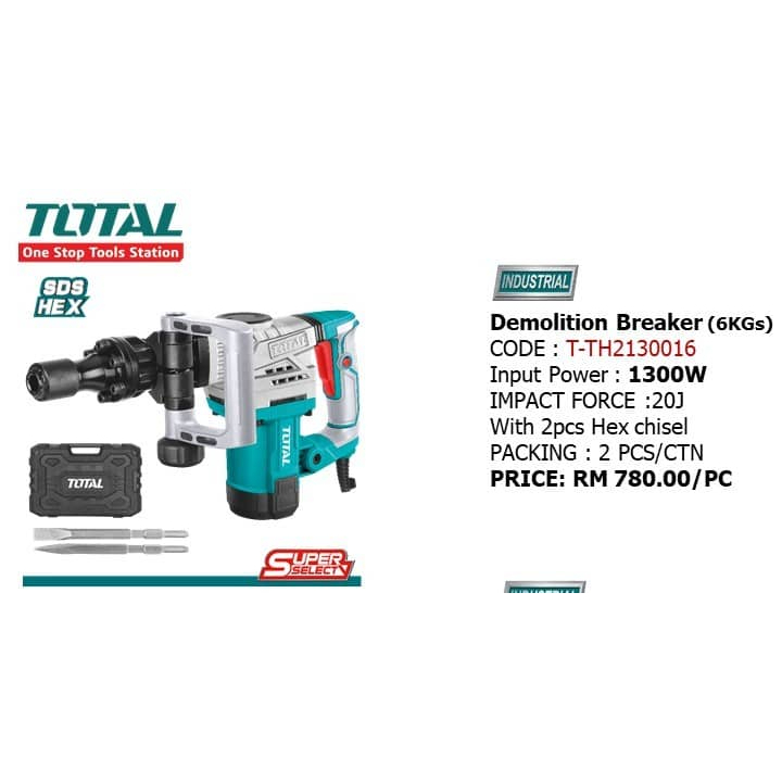 TOTAL TH2130016 DEMOLITION BREAKER SDS HEX 1300W + FREE 2PC CHISEL ...