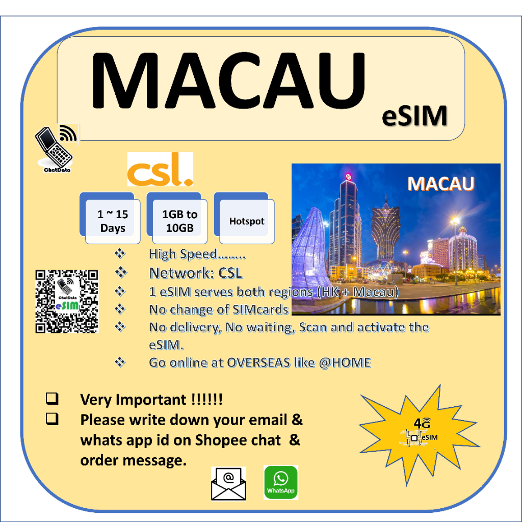 Macau SIM (eSIM) , prime telecom network(CSL) 4G High Speed, Hotspot, Delivery online, No need ...