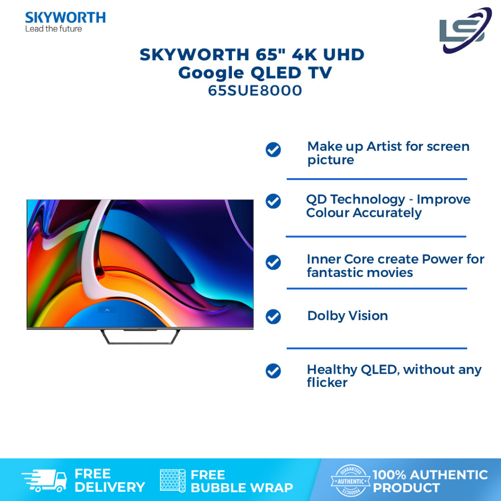 SKYWORTH 65" 4K UHD Google QLED TV 65SUE8000 | EYECARE Mode | HDR10+ | Dolby Atmos | Dolby ...