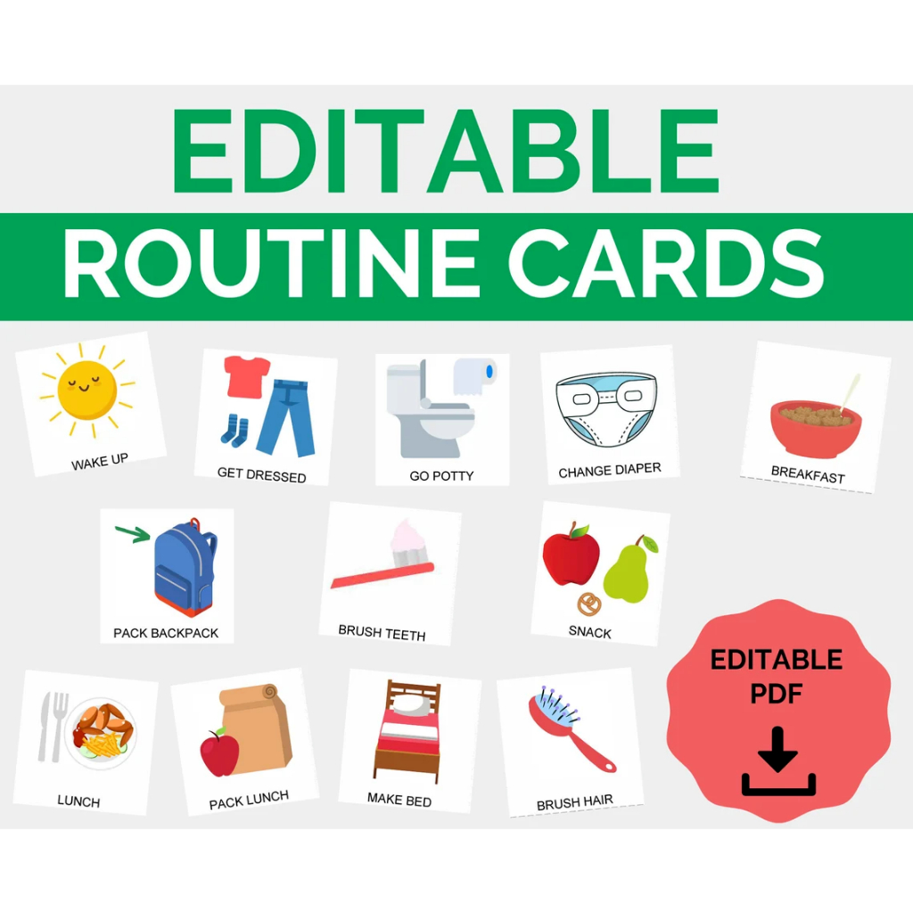 40 Editable Daily Kids Routine Cards I Visual Schedule Cards | Toddler ...
