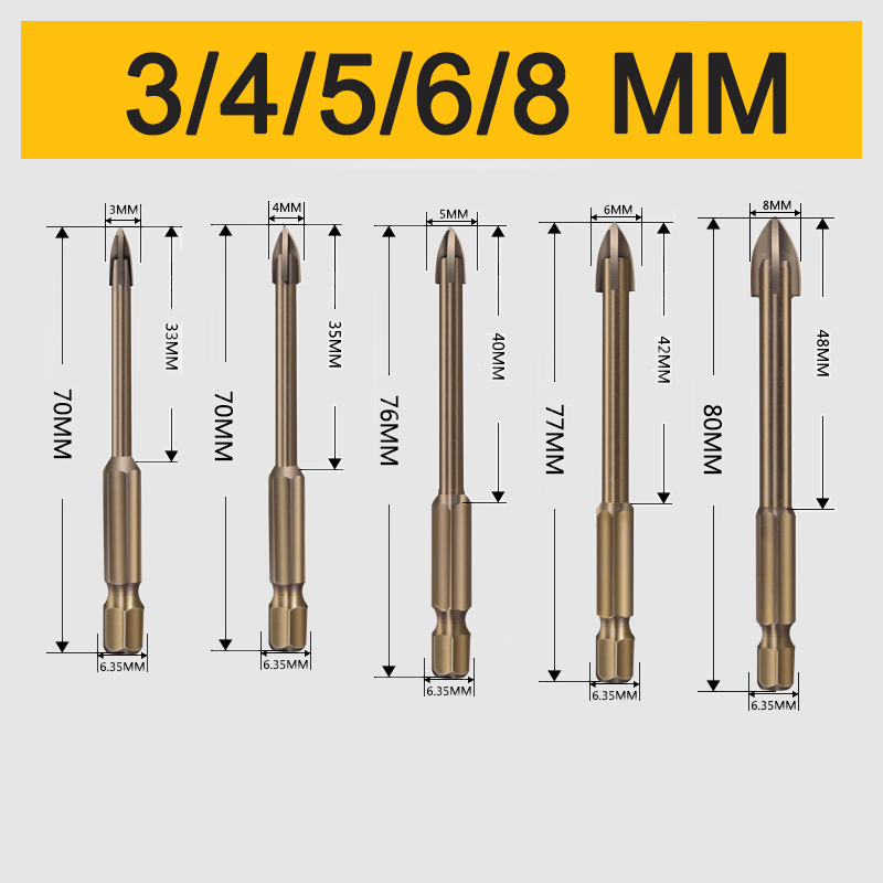 5Pcs Set Cross Hex Tile Drill Bits Set for Glass Ceramic Concrete Carbide Hole Opener Brick Hard ...