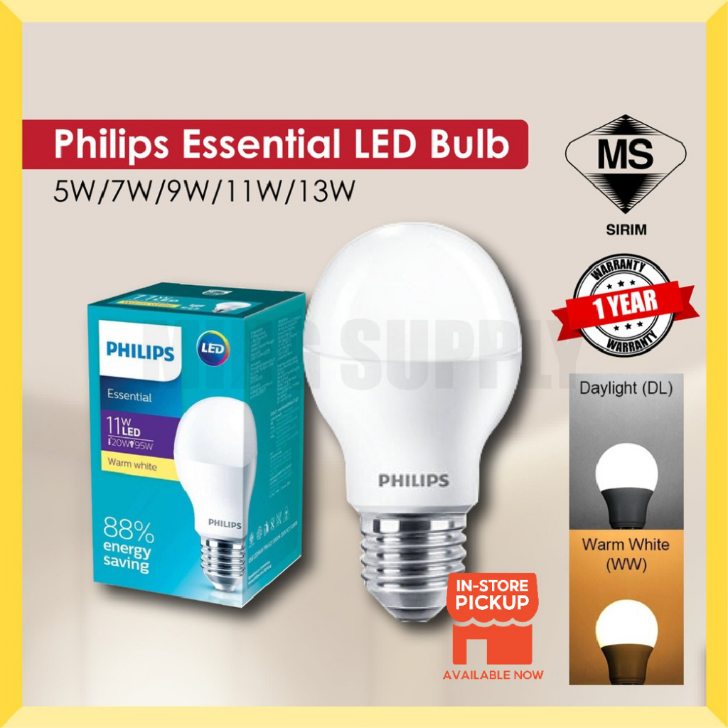 [Sirim] Philips Essential LED Bulb Energy Saving Downlight E27 5W 7W 9W 11W 13W Daylight Warm ...