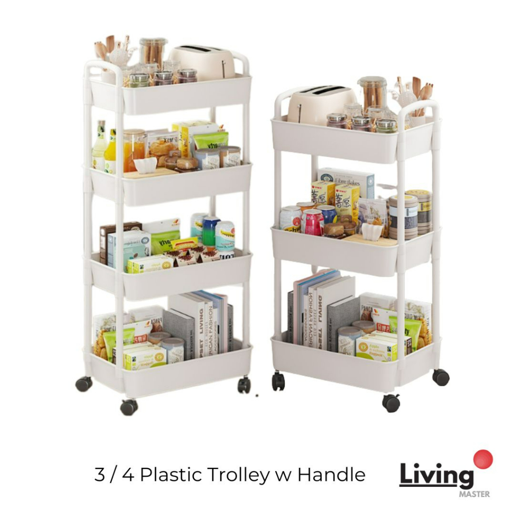 Plastic Handle Trolley 3 / 4 Tier Plastic Shelf Trolley Rack Storage ...