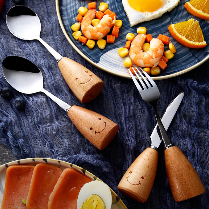 SMILEY Stainless Steel Children Spoon and Fork Cutlery Set With Wooden ...