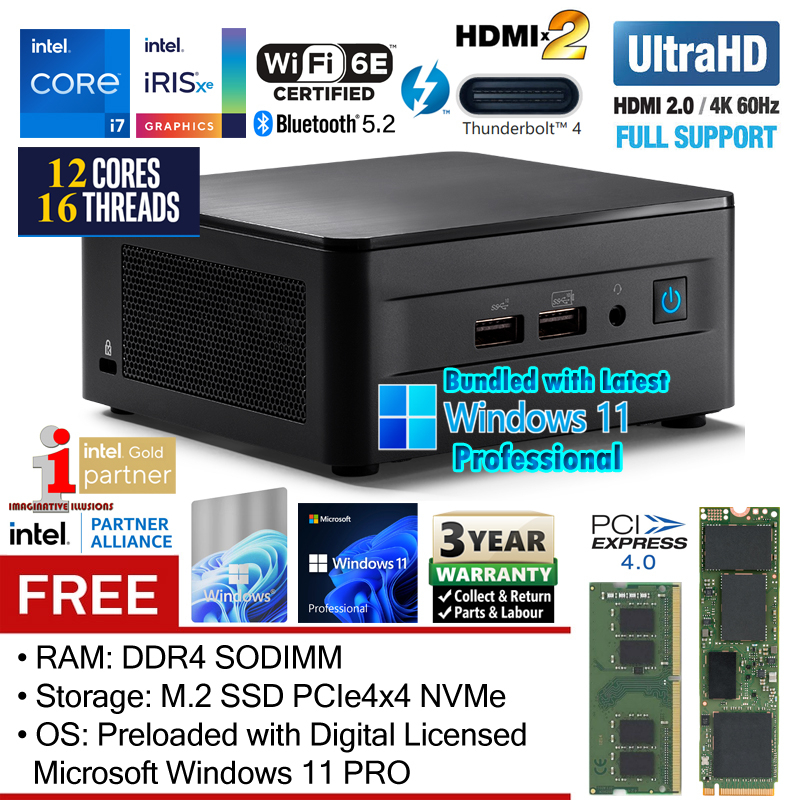Intel NUC12WSHi7 L10 Core i7 12-Core Mini PC / Intel NUC + Windows 11 PRO (NUC12 Wall Street ...