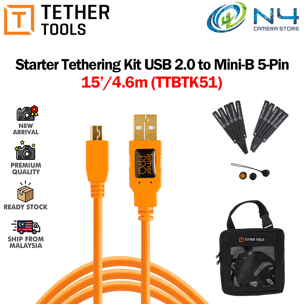 Tether Tools TTBTK51 Starter Tethering Kit with USB 2.0 to Mini-B 5-Pin Cable 15′ (4.6m ...