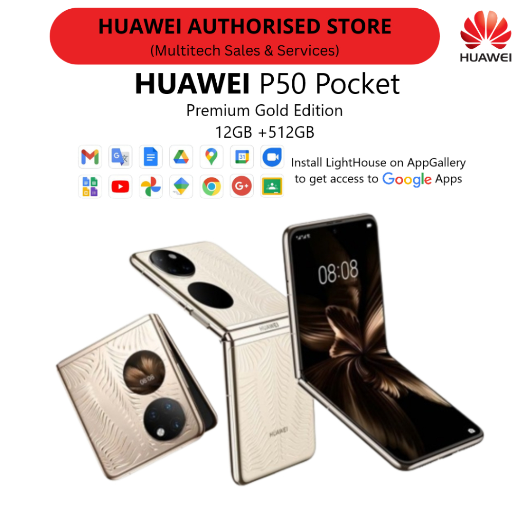 Huawei P50 Pocket Flip Smartphone 12GB + 512GB Premium Gold 40W SuperCharge 4000mah Battery ...