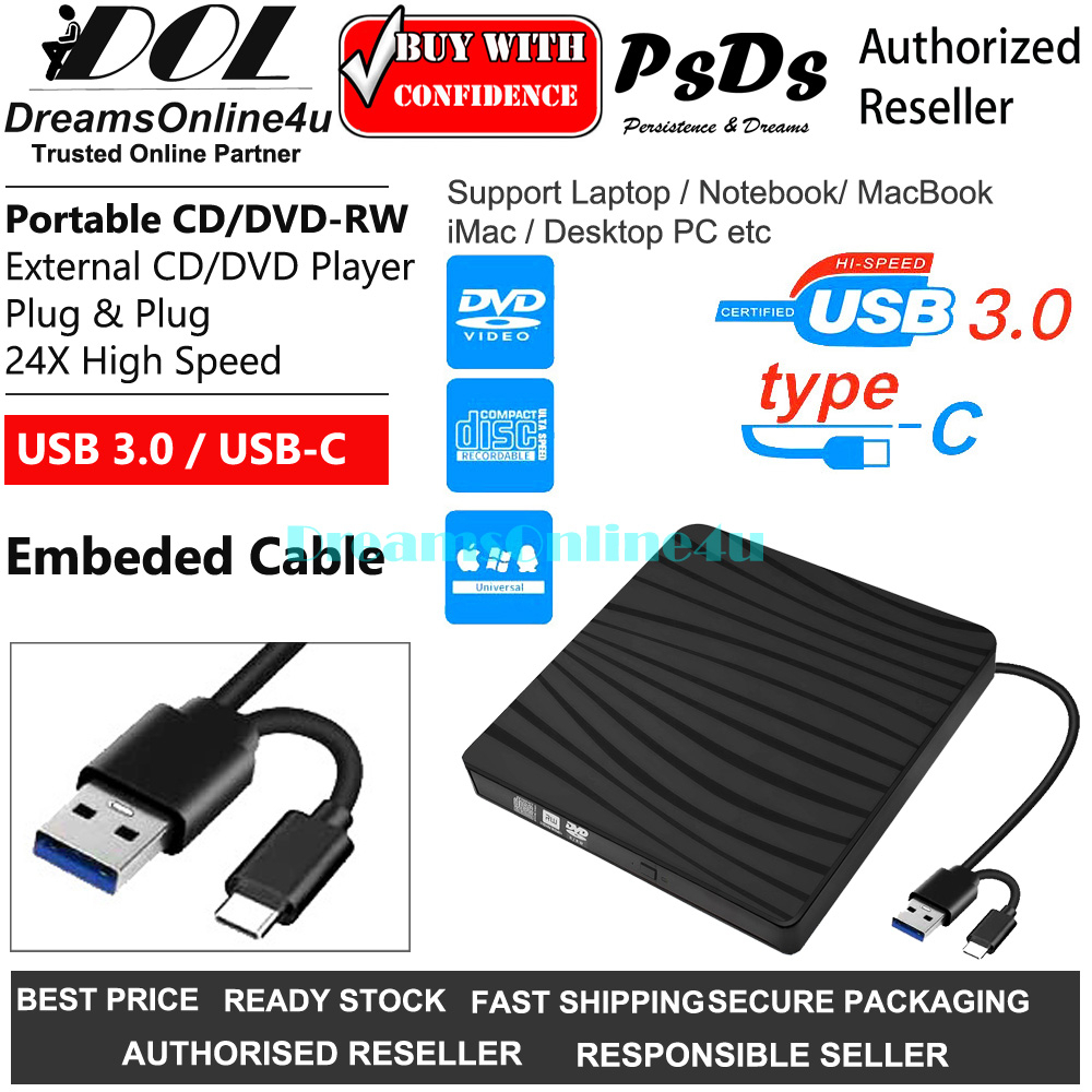 PsDs Portable External CD DVD RW Rewritable Burner Audio CD Player USB ...