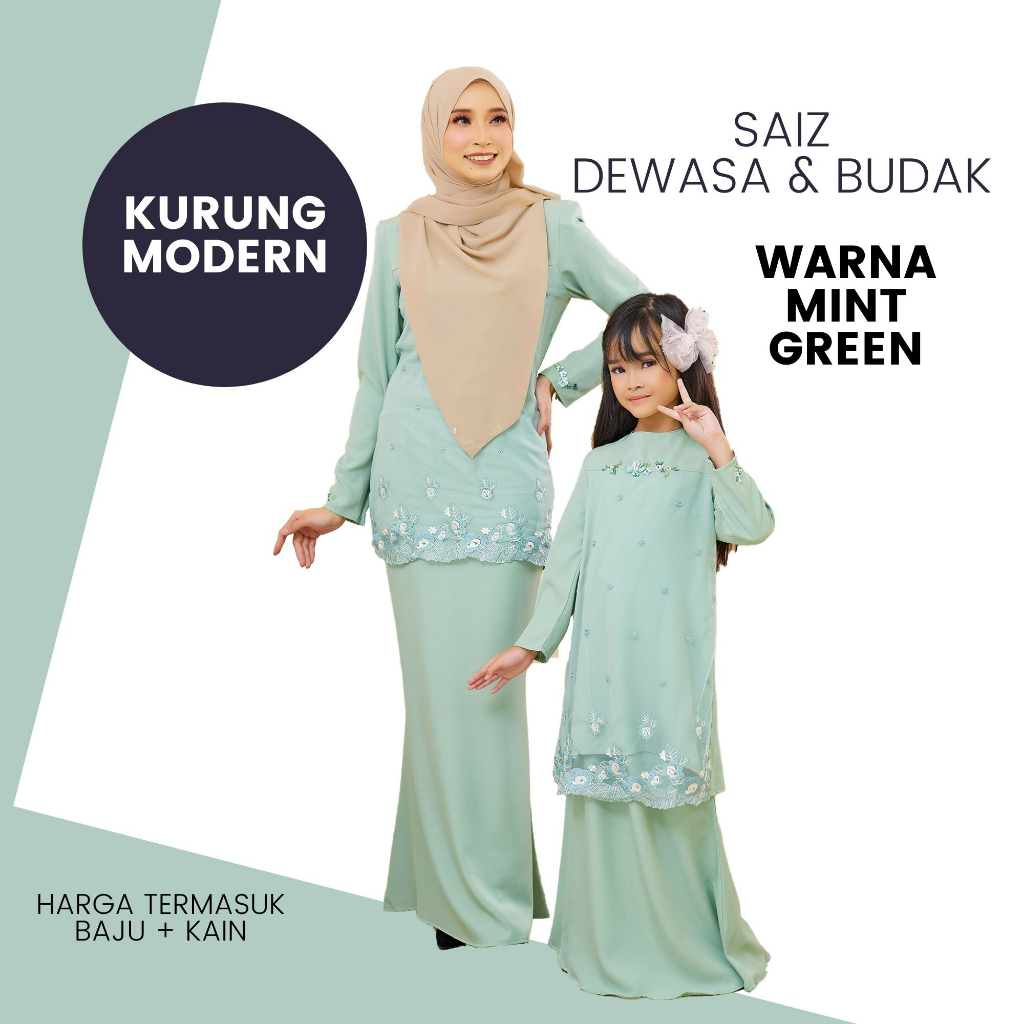 KOLEKSI RAYA BAJU KURUNG MODERN MINT GREEN DEWASA & BUDAK SEPASANG ...