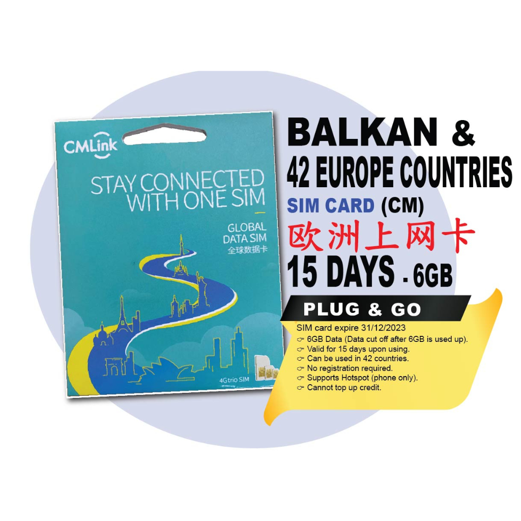 Ready Stock KL Europe+Balkan Sim Card CMLINK covered 37 countries with 15Days 6GB (Total sum GB ...