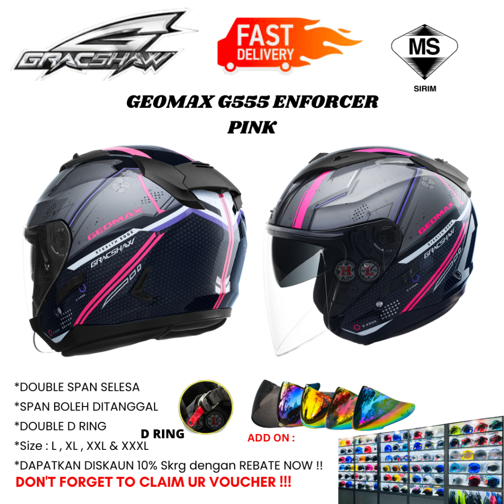 GRACSHAW GEOMAX G555 ENFORCER PINK HELMET DOUBLE VISOR (GRACSHAW HELMET ...