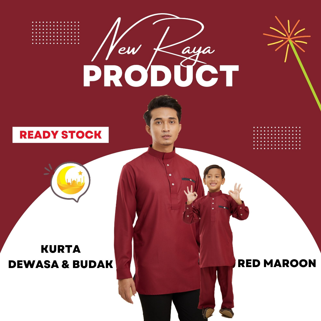 NEW ARRIVAL 】 Kurta SLIM FIT Dewasa & Budak Kain Cotton WARNA RED ...