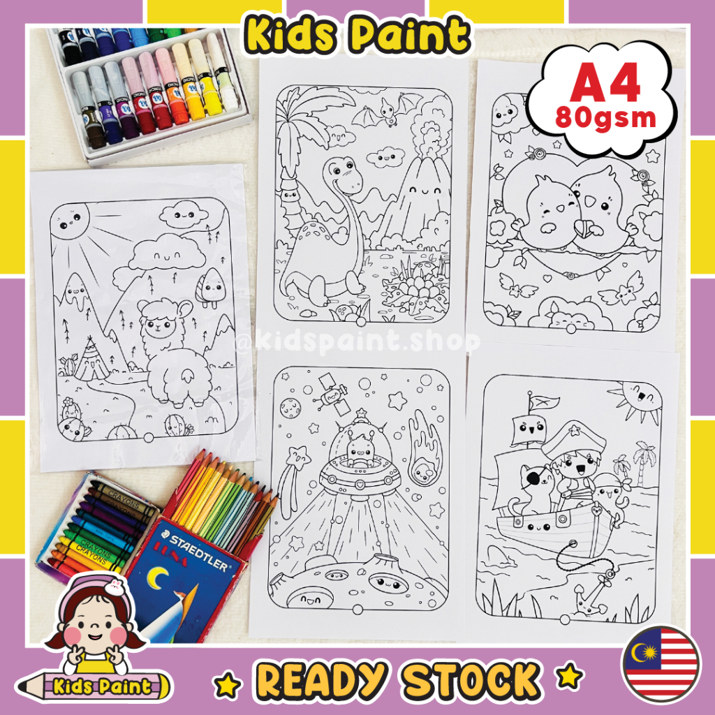 [KidsPaint] Cute Adventure Cartoon 7 Sheets Kids Coloring Paper (A4 ...