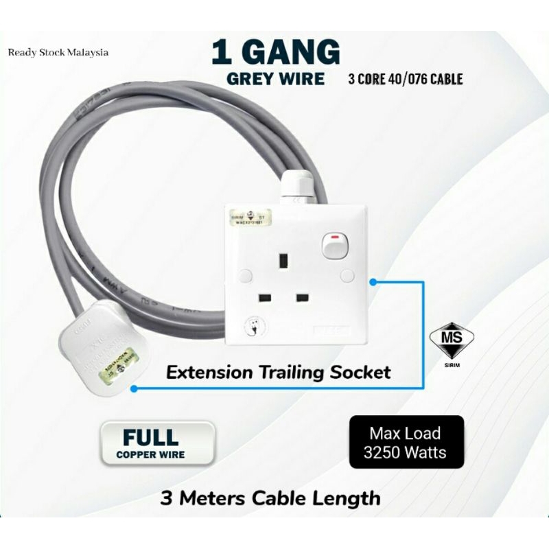 Single 1 Gang 2/3/5/7/10 Meters Heavy Duty Extension Plug Wire Trailing ...