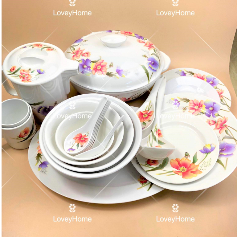 Melamine Hibiscus Dinner Set Plate Bowl Spoon Cup Jug Pinggan Mangkuk ...