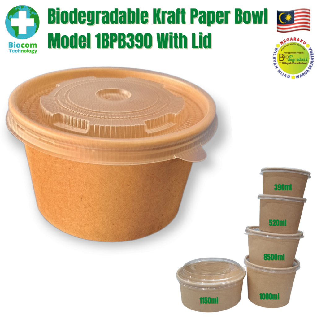 50pcs± 9PB390 Bio Kraft Brown White Paper Bowl 390ml (Lid Sold ...