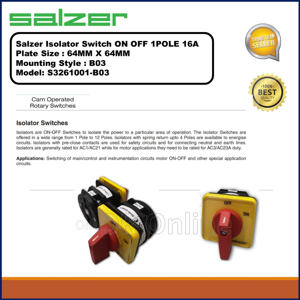 SALZER ISOLATOR ON/OFF SELECTOR SWITCH, 32A 1 POLE, (S3261001-B03 ...