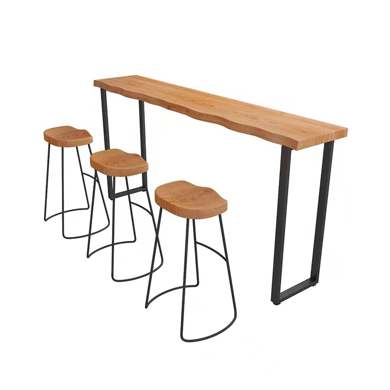 Iron high table and chair combination, solid wood household bar table ...