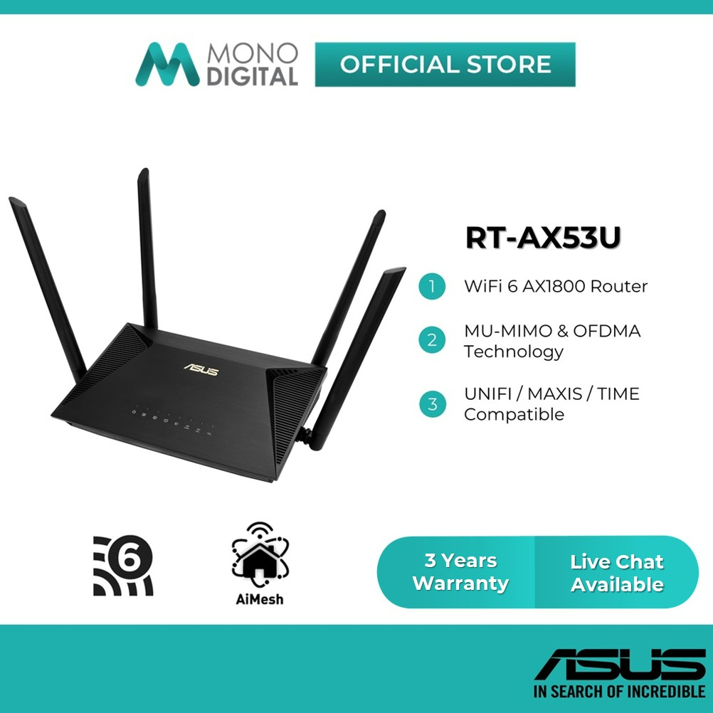 ASUS Router RT-AX53U Dual Band AX1800 WiFi 6 Ai-Mesh Router with MU ...
