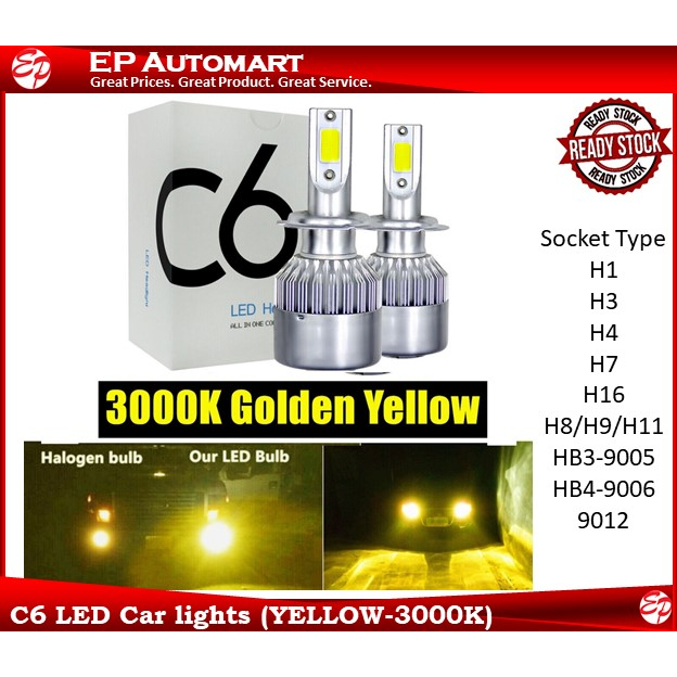 C6 3000K (YELLOW) Headlight Fog light LED (H11,H7,H4,HB4/HB3/H1/H13/H3 ...