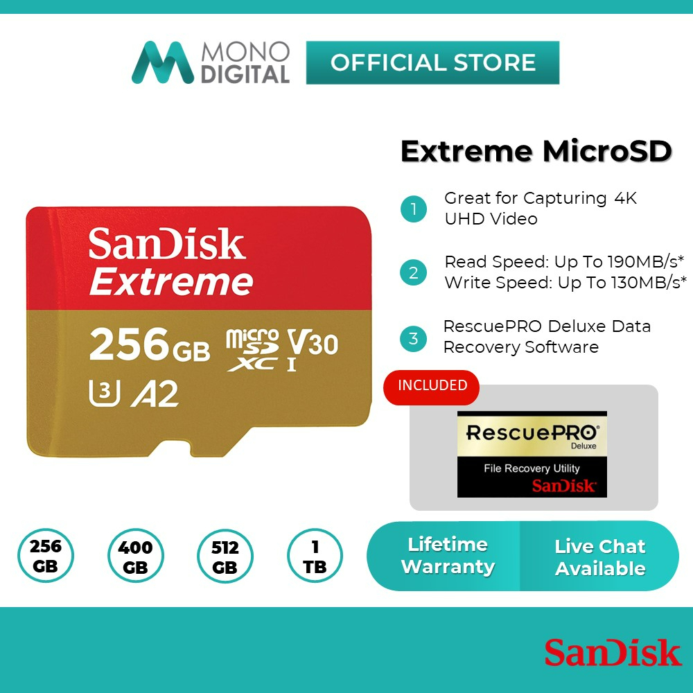 SanDisk Extreme Micro SD Memory Card Up To 190MB/S A2 Class 10 (U3) (256GB/400GB/512GB/1TB ...