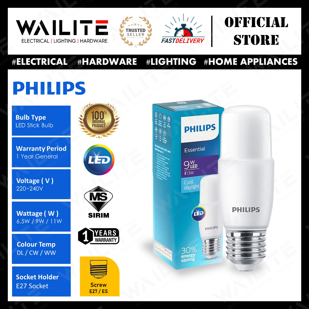 Philips-Essential LED Stick Bulb 6.5W / 9W / 11W ( Daylight / Coolwhite ...