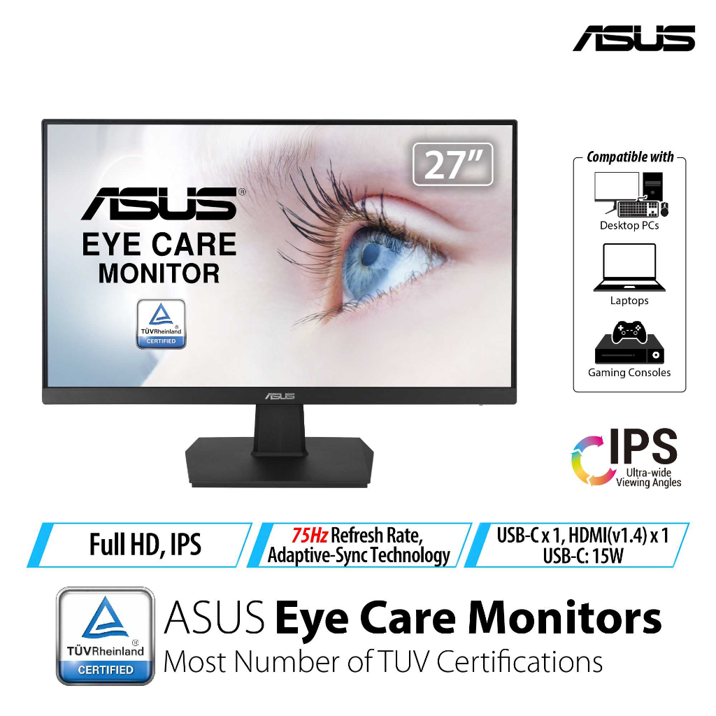 ASUS VA27ECE Eye Care Monitor – 27 inch, Full HD, IPS, Frameless, USB-C ...