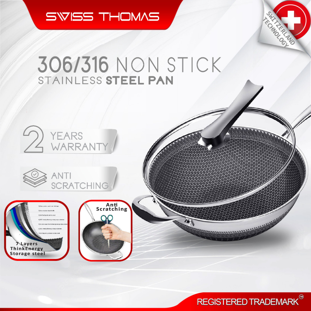 Swiss Thomas Non-stick Pan with Lid Wok 316 Stainless Steel Kuali ...
