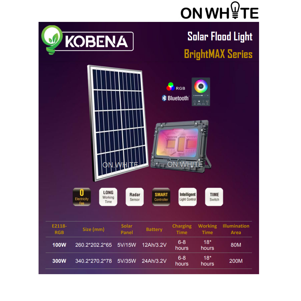 KOBENA BRIGHTMAX SOLAR FLOODLIGHT 100W / 300W RGB COLOR BLUETOOTH APP ...