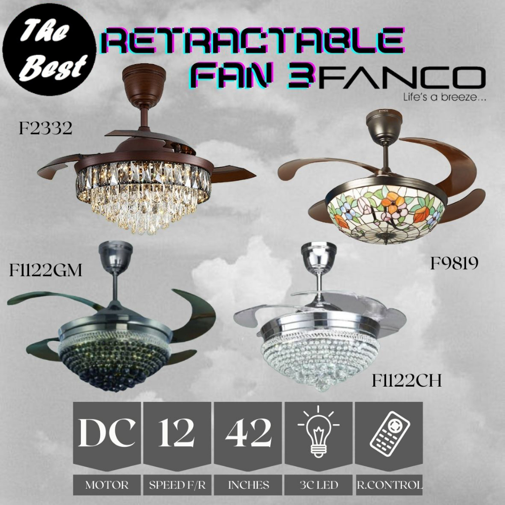 FANCO Retractable Ceiling Fan 42 Inches DC Motor with 3 Color LED Light ...