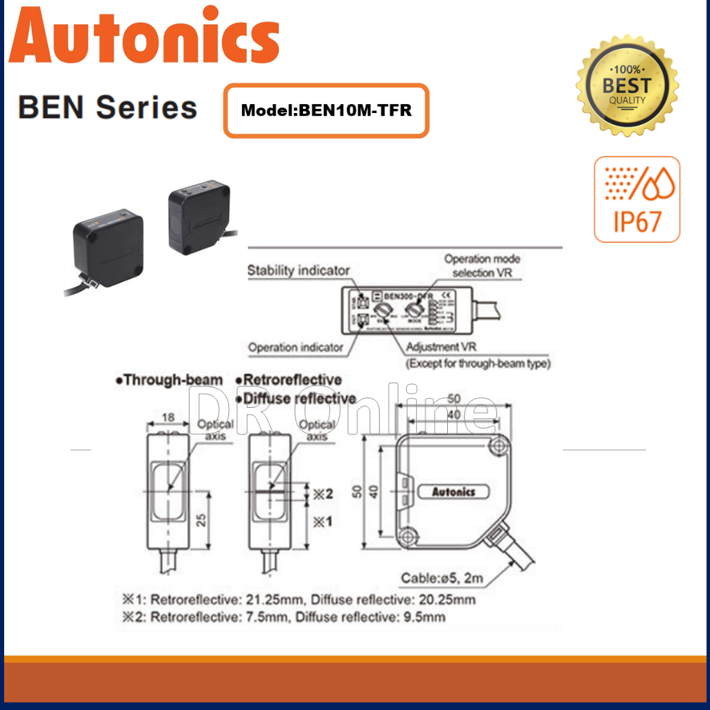 Autonics Photoelectric Sensor BEN10M-TFR Through Beam, Light & Dark On, Relay Output , 12-24VDC ...