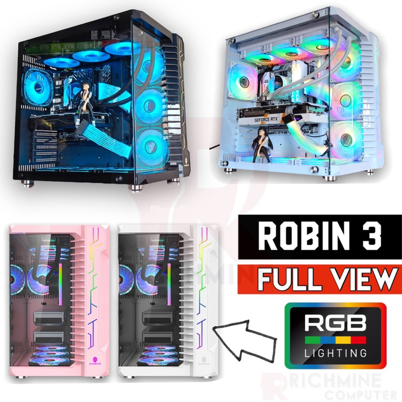 🔥HOT🔥 ROBIN 3 Full View Glass ATX Black White Pink Casing Seaview Case ...