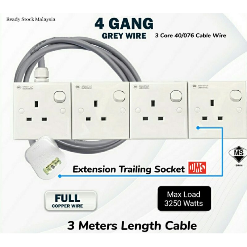4 Gang Heavy Duty 3 Meters Cable Extension Trailing Socket | Shopee ...