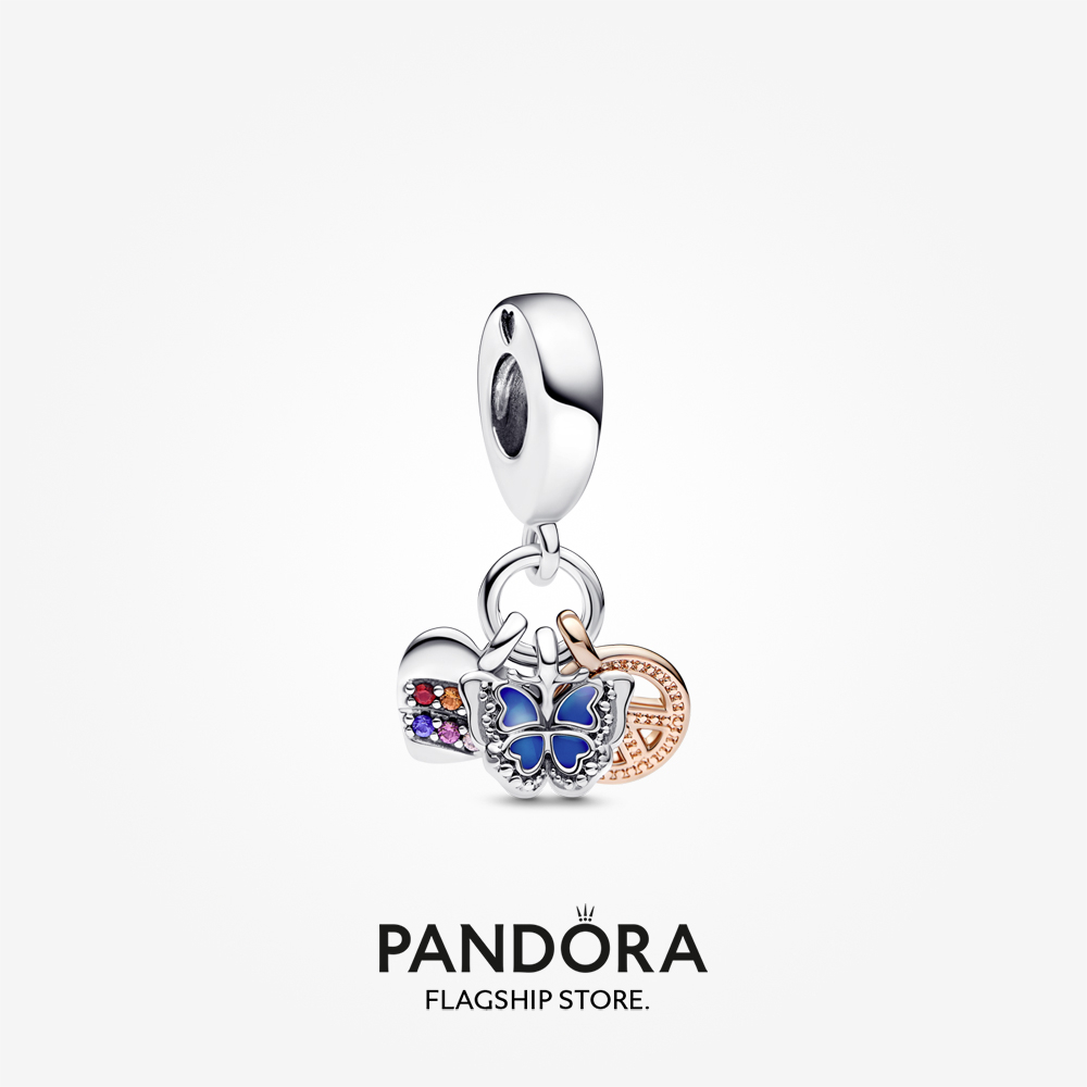Pandora Two-Tone Rainbow Heart, Butterfly & Peace Triple Dangle Charm ...