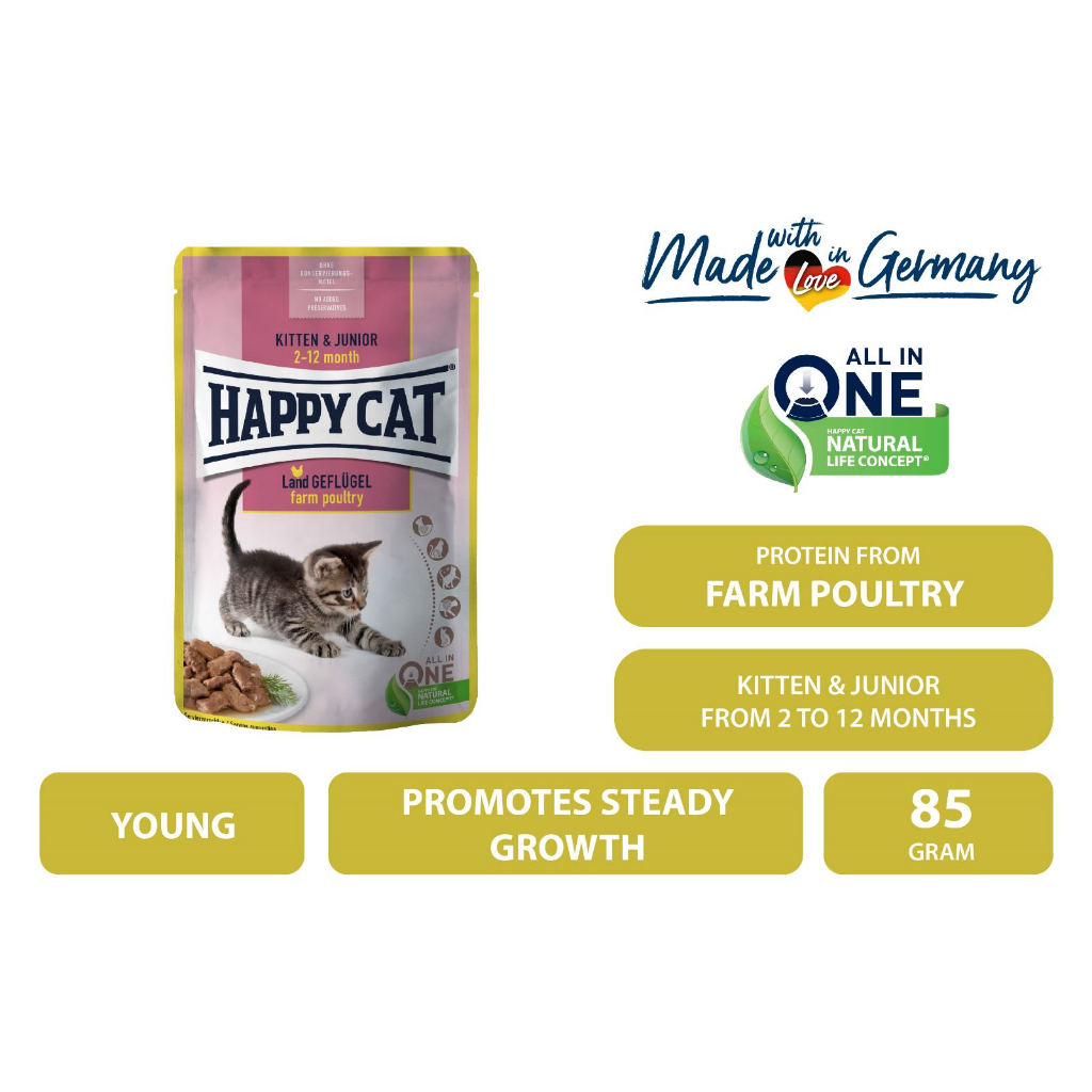 Happy Cat Meat in Sauce Kitten & Junior Farm Poultry 85g (Expiring July ...