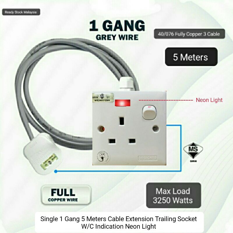 Single 1 Gang Heavy Duty 3/5/7/10 Meters Switch Socket W/C Neon Light ...