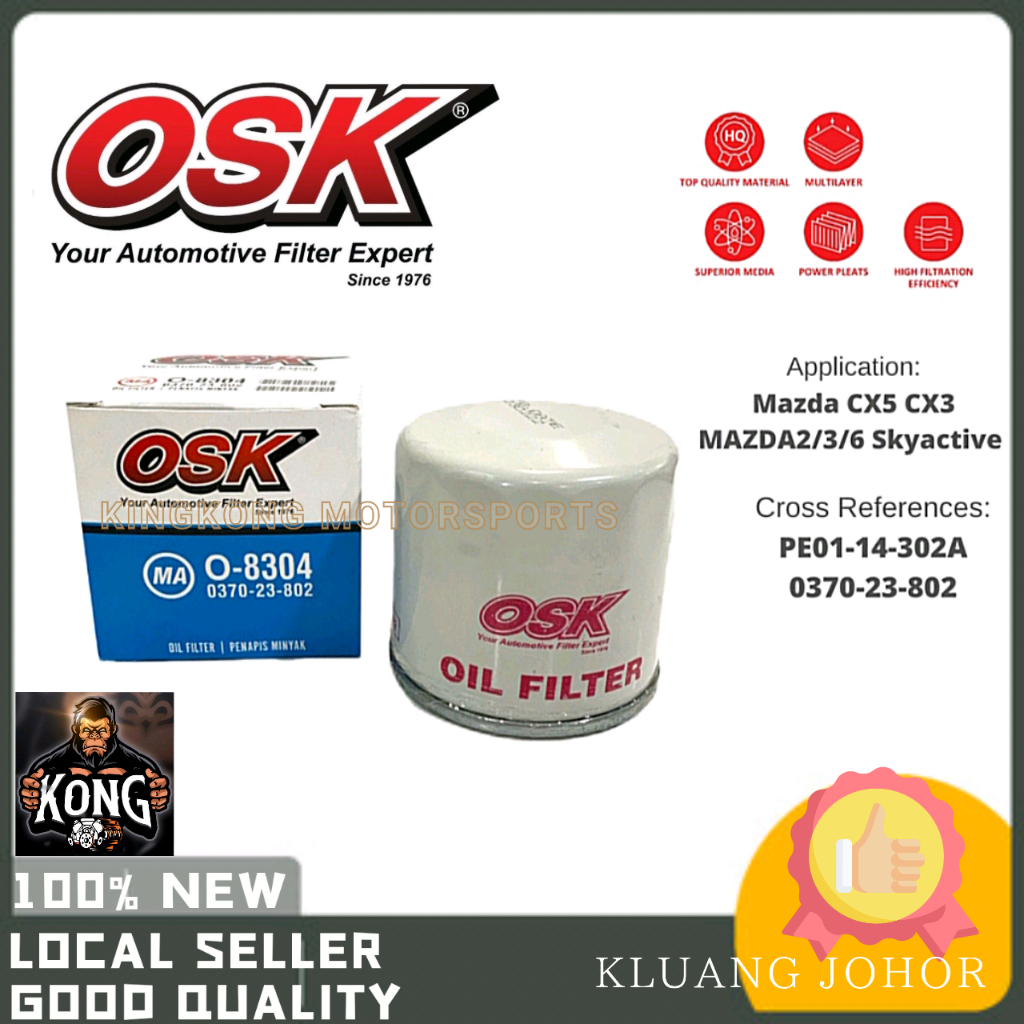 OSK OIL FILTER O-8304 PENAPIS MINYAK MAZDA CX5 CX3 MAZDA 2 3 6 Skyactive PE01-14-302A 0370-23 ...