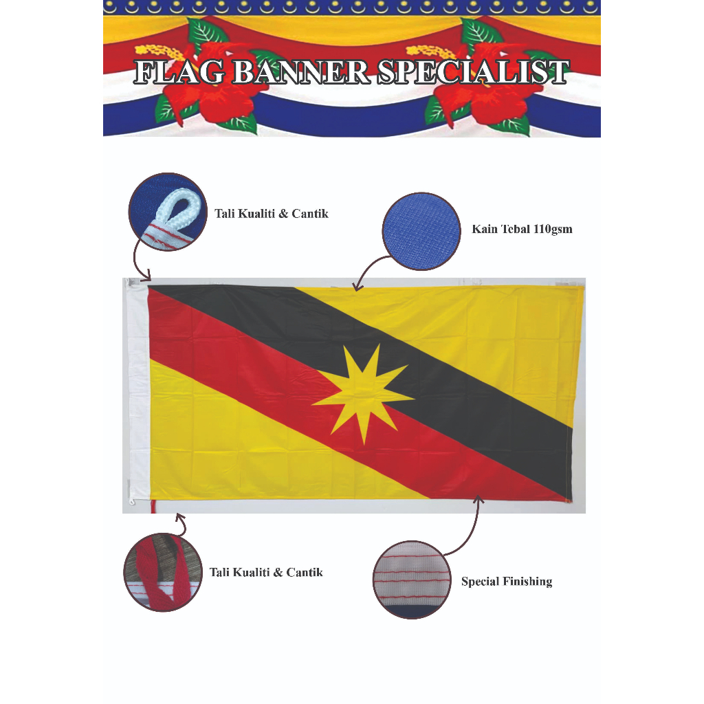 *Stok Sedia Ada* 3 x 6 kaki Bendera Sarawak Polymesh Kain Tebal ...