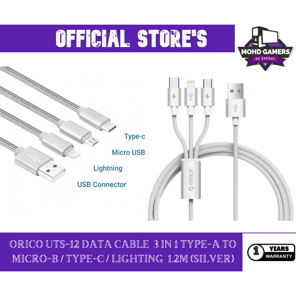 ORICO UTS-12 DATA CABLE 3 IN 1 TYPE-A TO MICRO-B / TYPE-C / LIGHTING 1.2M (SILVER) | Shopee Malaysia