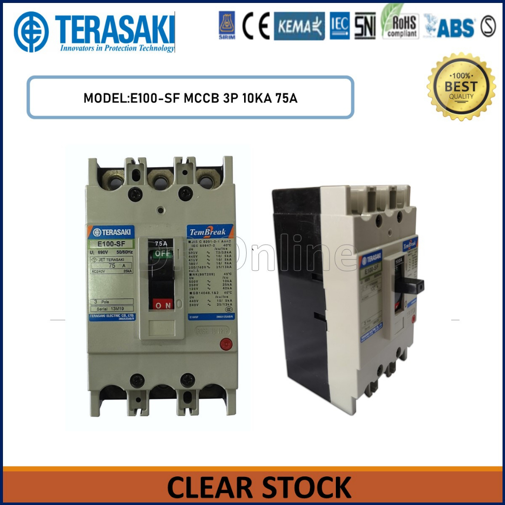 Terasaki MCCB Moulded Case Circuit Breaker 3Pole 10KA 50A ,75A MCCB E100-SF | Shopee Malaysia