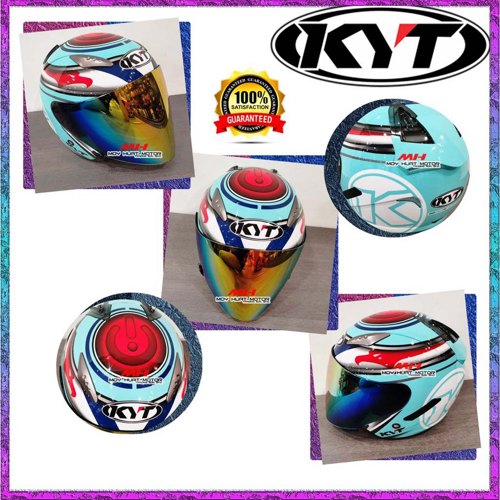 ORIGINAL KYT HELLCAT RESTART AQUA BLUE RED FLUO HELMET / KYT OPEN FACE ...