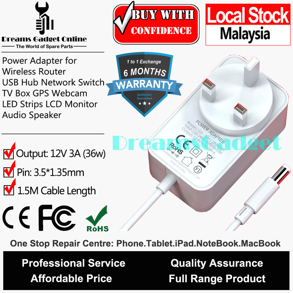 GAT 12V 3A Power Supply Adapter AC to DC 12 V 3 A 36W 3.5mm x 1.35mm ...