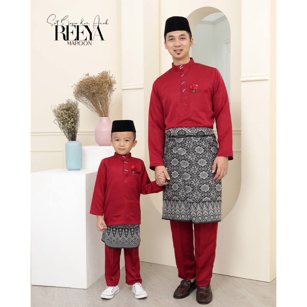 Baju Melayu Moden Meroon Ayah dan Budak Lelaki Sedondon Cekak Musang Baju Raya Plus Size ...