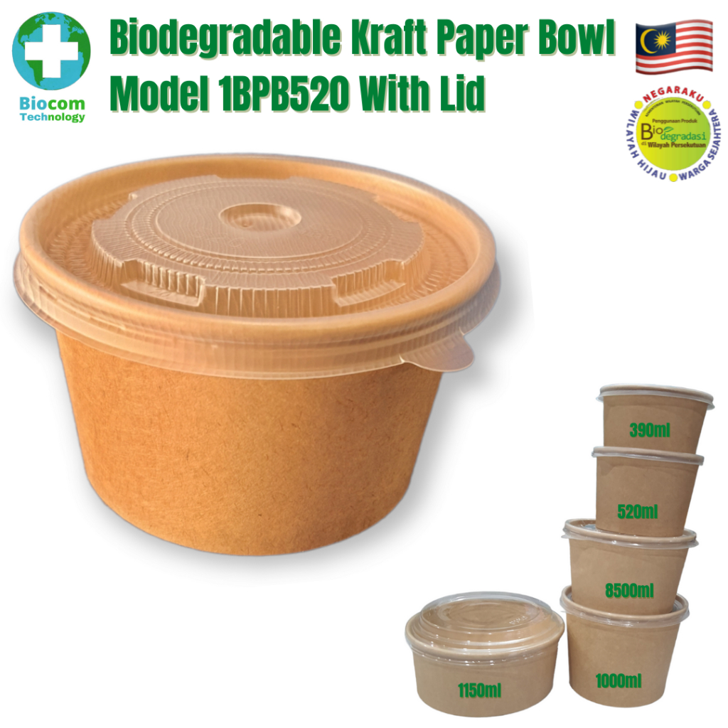 50pcs 9PB520 Bio Kraft Brown White Paper Bowl 520ml Disposable (Lid Sold Separately) Dinnerware ...