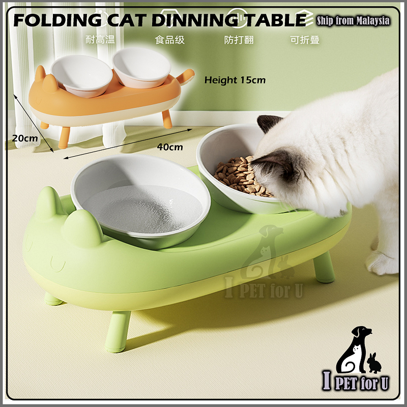 Cute Cat Feeder Foldable Elevated Diagonal Double Bowl Water Fountain ...