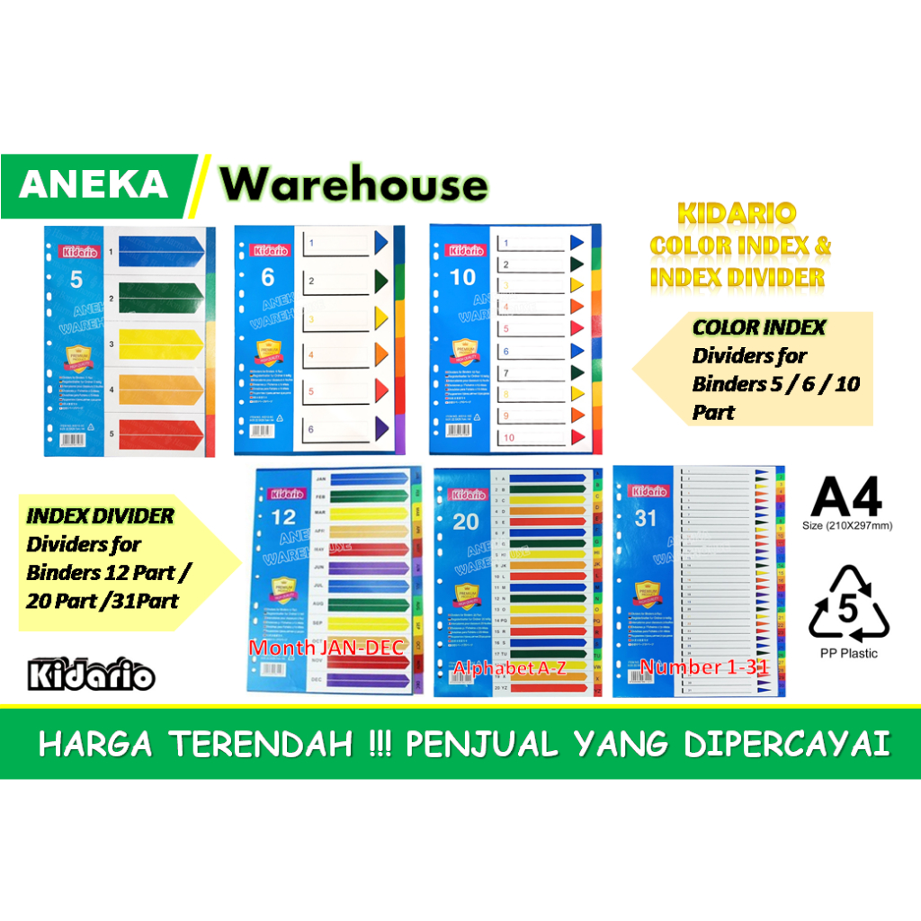 KIDARIO Color index divider / Index divider / A4 Size / PP Plastic ...