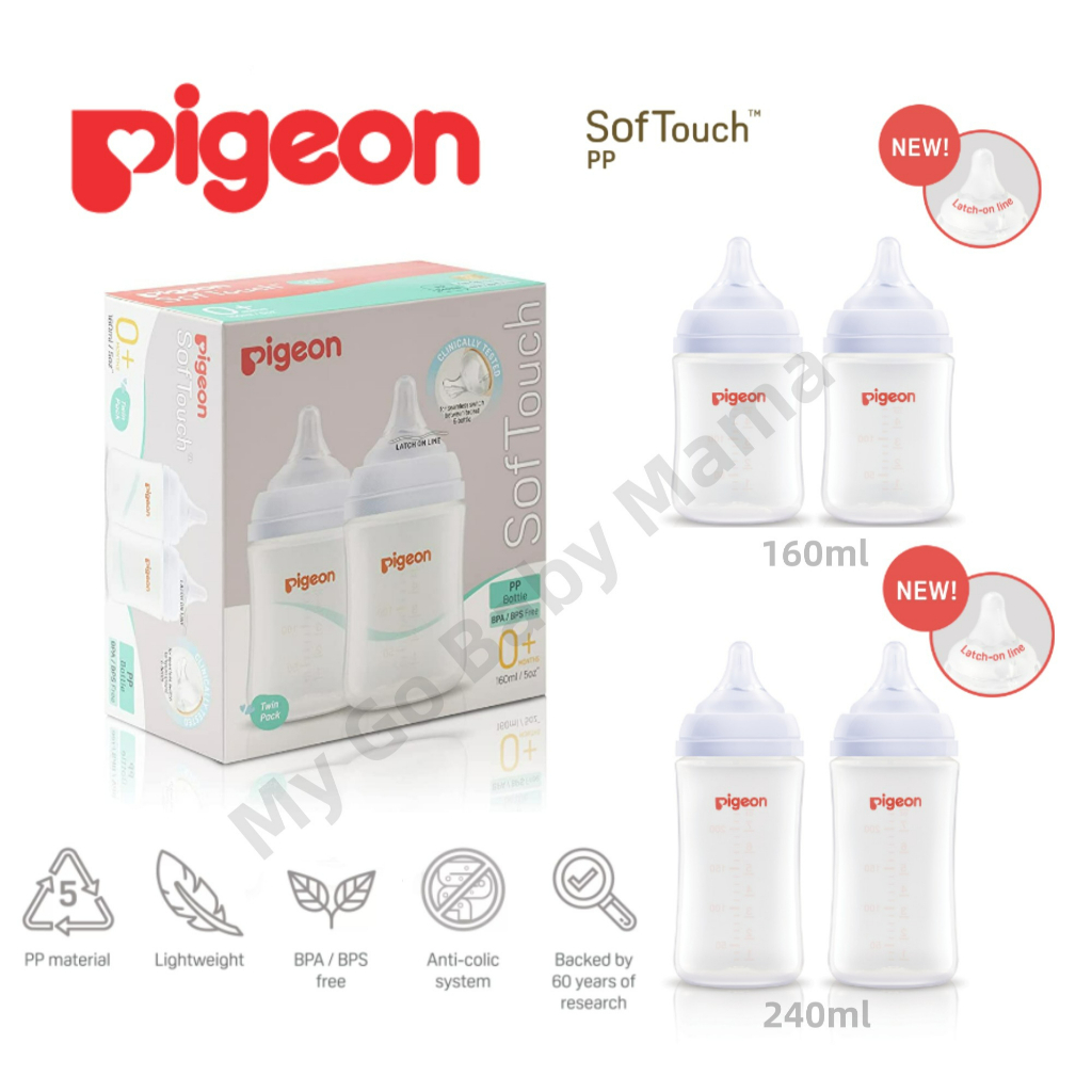 ( NEW ) Pigeon SofTouch Wide-Neck PP Nursing Bottle 160ml / 240ml (Twin Pack) 1 Pack 2 Bottles ...