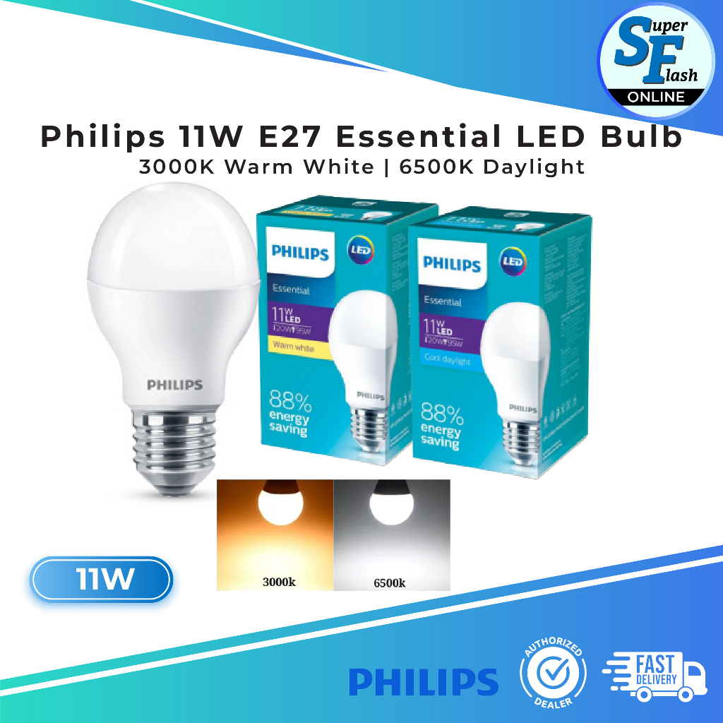 Philips 11W / 13W E27 A60 Essential LED Bulb (3000K / 6500K ) | Shopee Malaysia