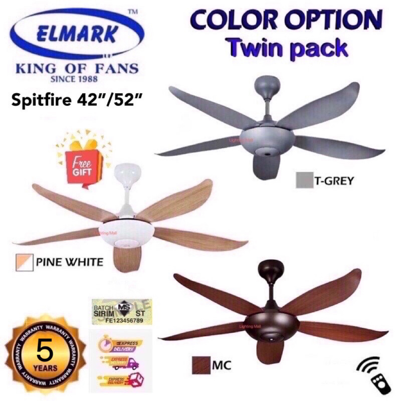 [1 unit] Elmark 52''Ceiling Fan SpitFire246 (Titanium Grey/Pine with ...