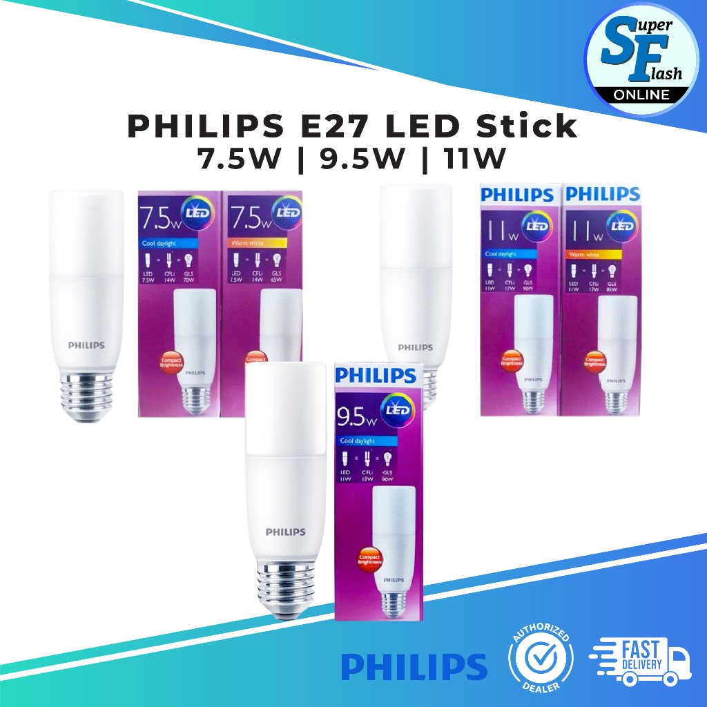 Philips E27 LED Stick Bulb (7.5W / 9.5W / 11W ) - 3000K/4000K/6500K | Shopee Malaysia